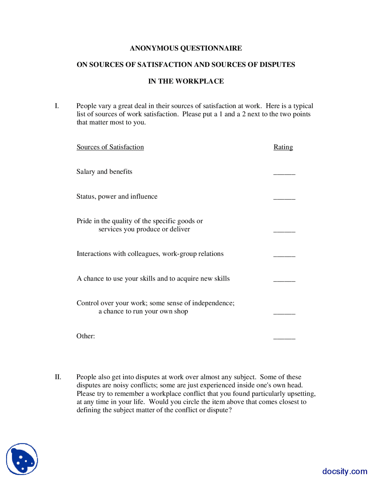 Nonymous Questionnaire On Sources Of Satisfaction And Sources Of
