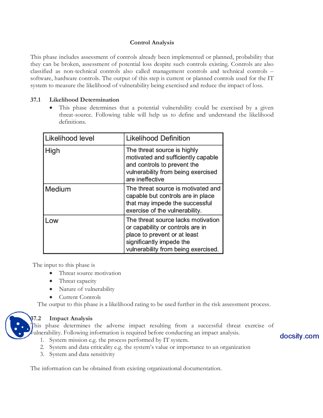 Control Analysis Information Security And Systems Lecture Notes Docsity
