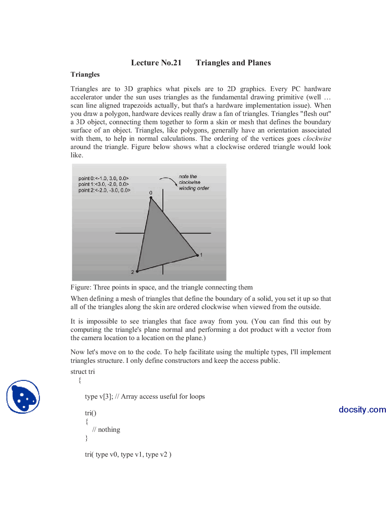 Triangles And Planes Computer Graphics Lecture Notes Docsity