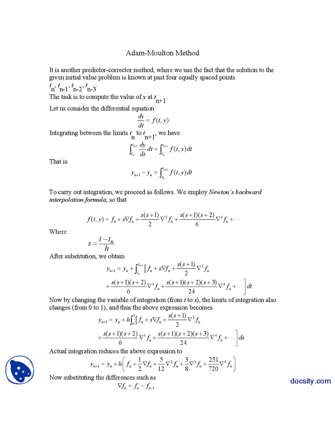Adam Moulton Method Numerical Analysis Lecture Handouts Docsity