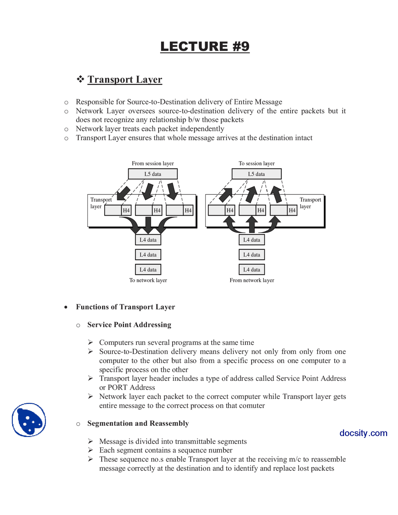 Transport Layer Data Communication Lecture Notes Docsity