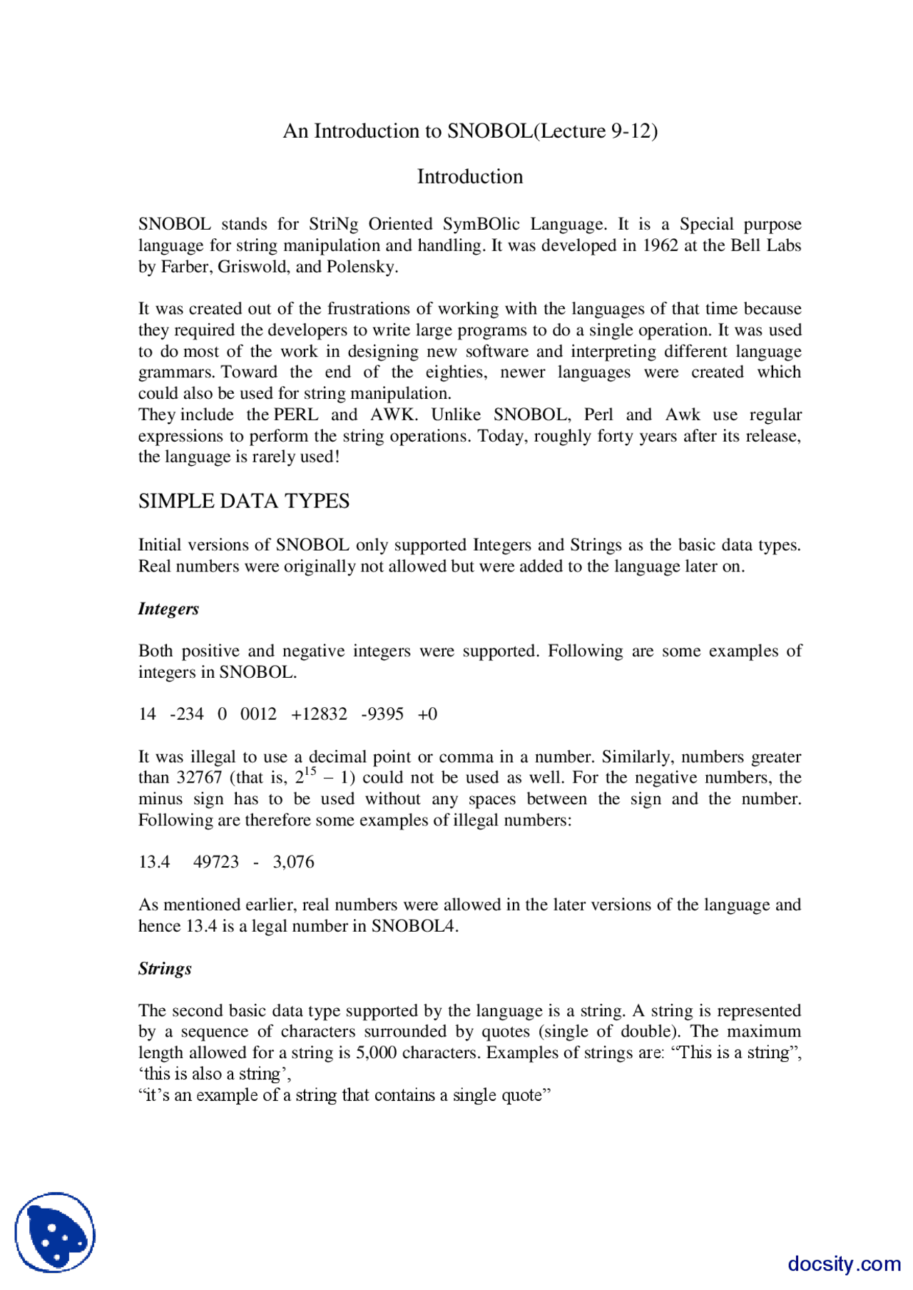 An Introduction To Snobol Modern Programing Language Lecture Handout Docsity