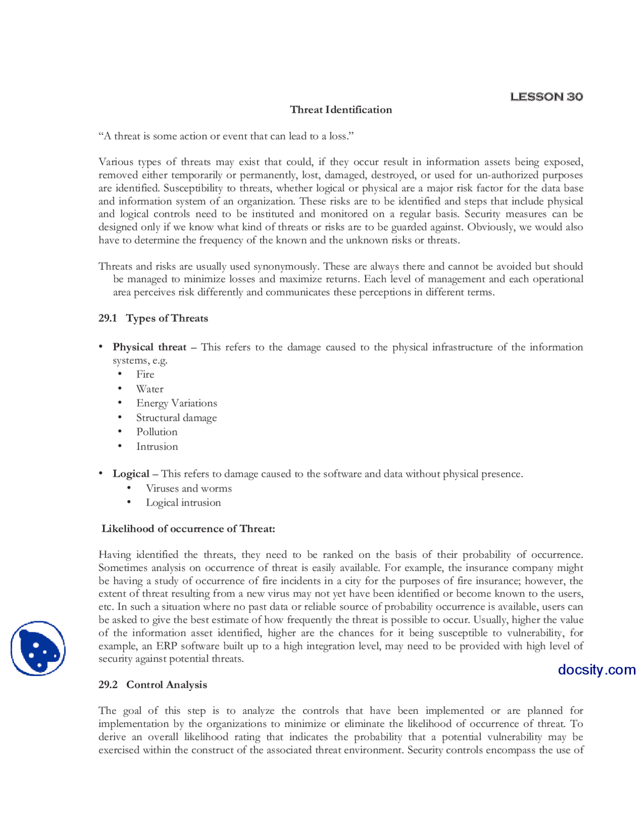 Threat Identification Information Security And Systems Lecture Notes