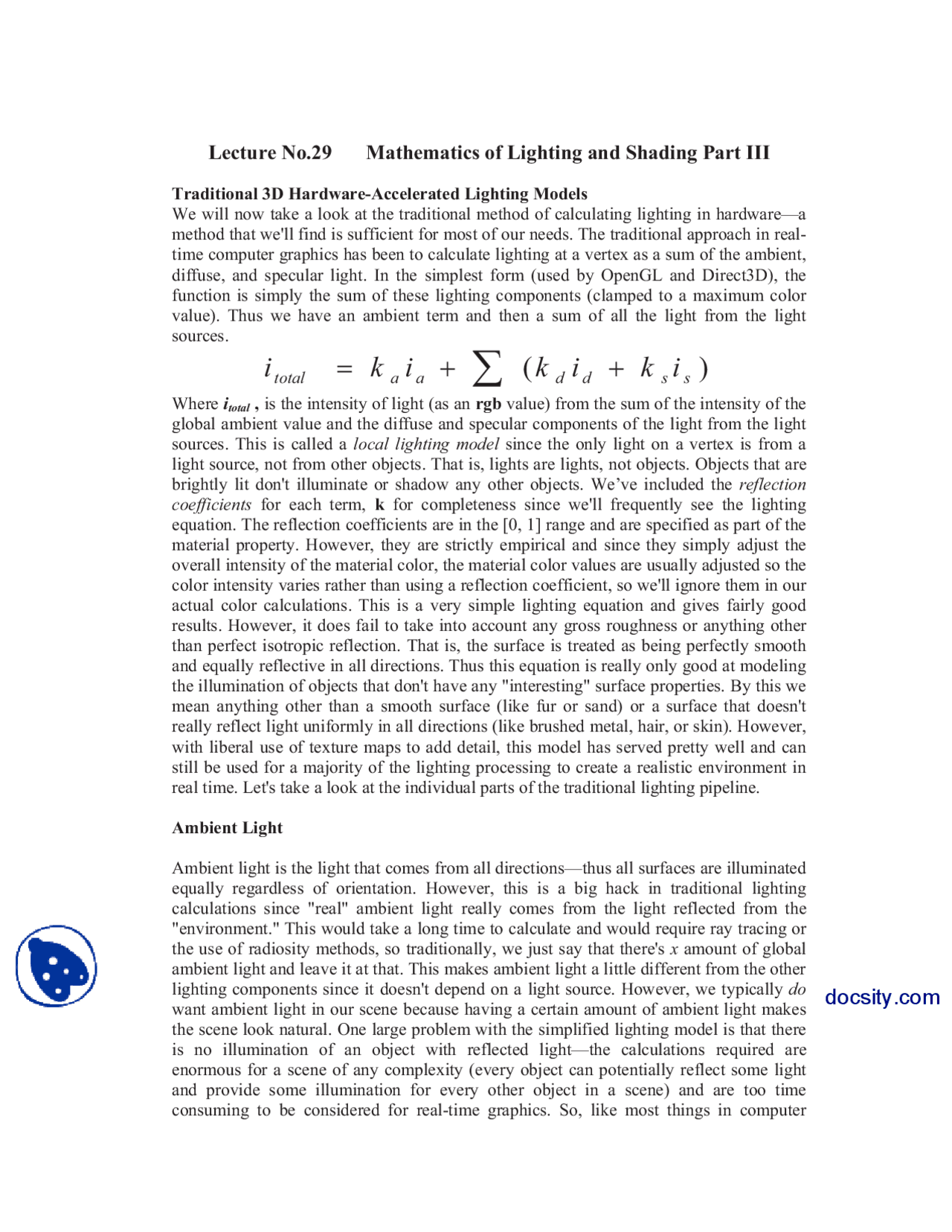 Mathematics Of Lighting And Shading Part 3 Computer Graphics Lecture
