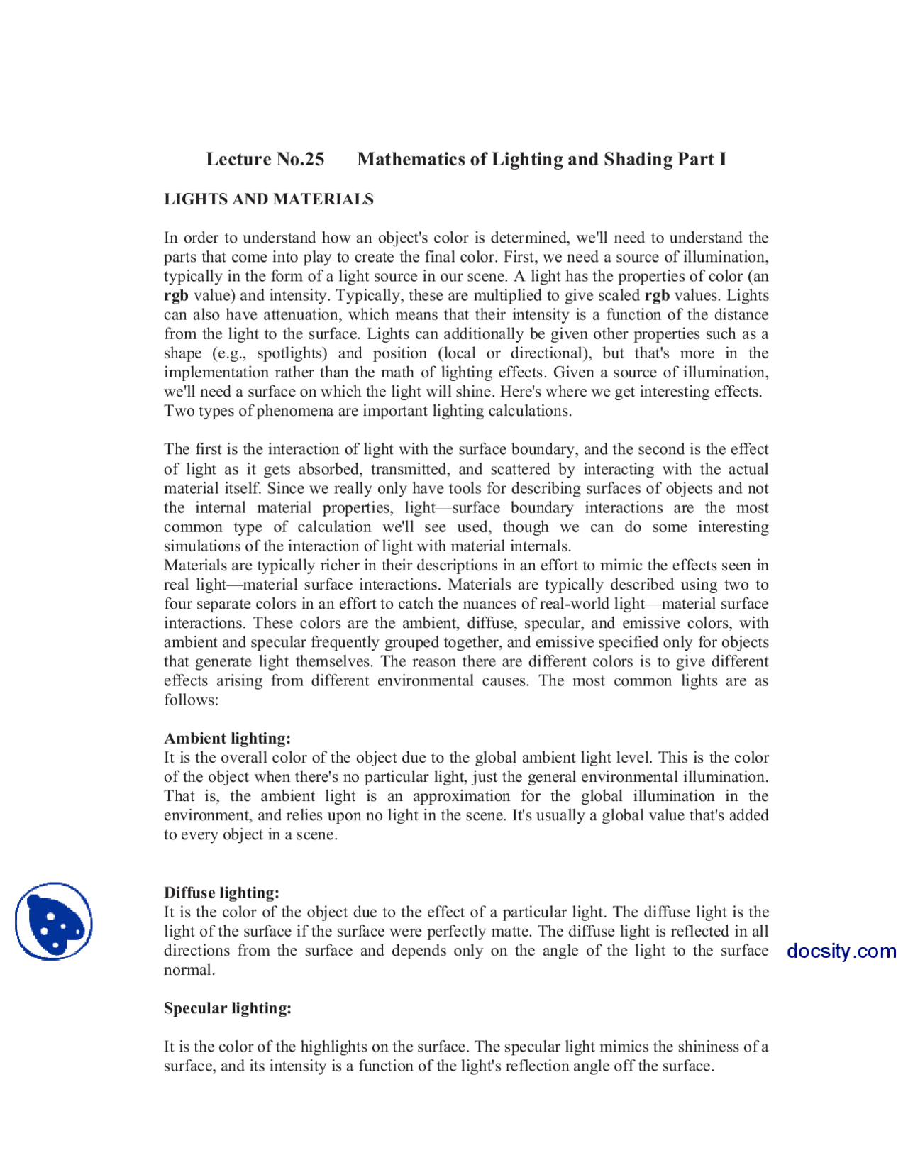 Mathematics Of Lighting And Shading Part 1 Computer Graphics Lecture Notes Docsity