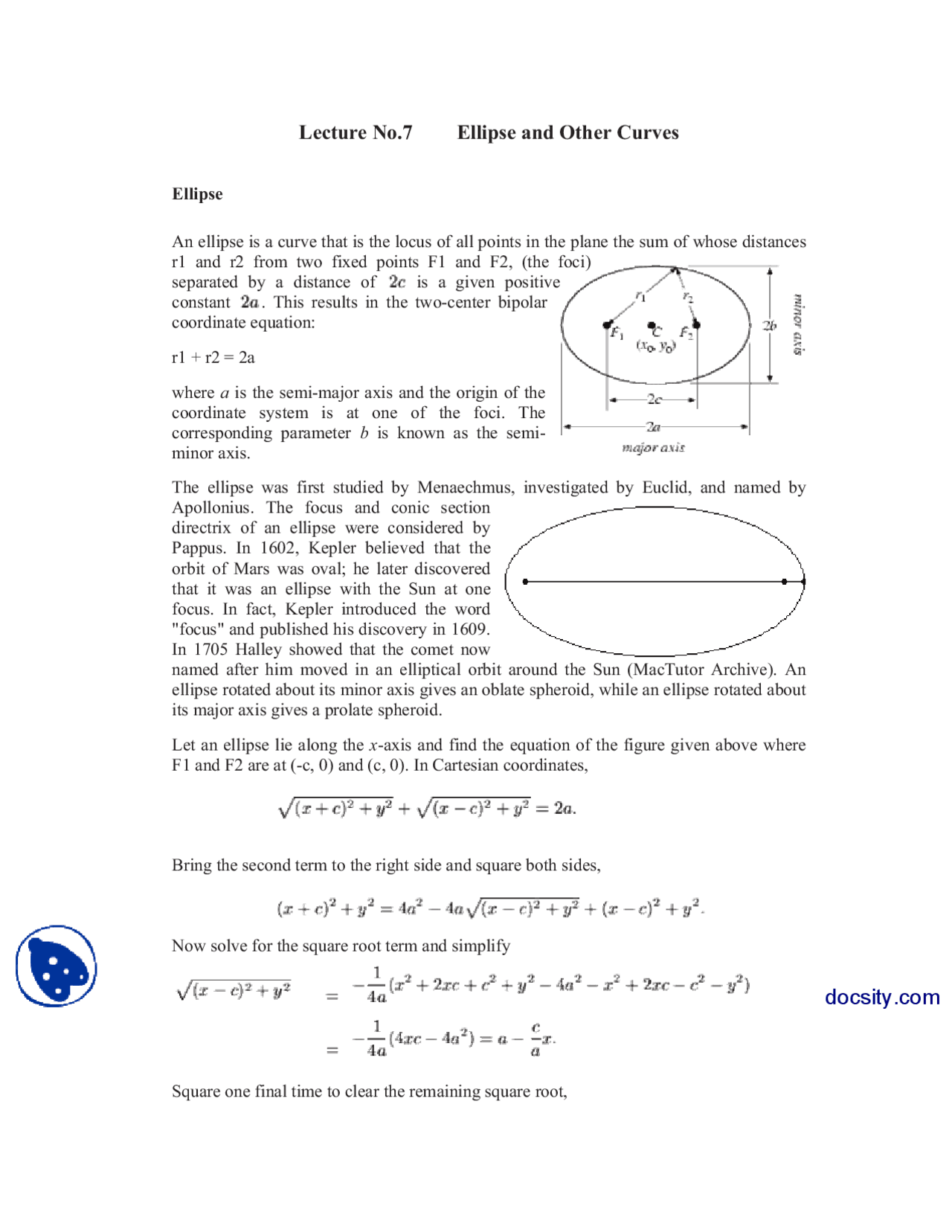 Ellipse And Other Curves Computer Graphics Lecture Notes Docsity