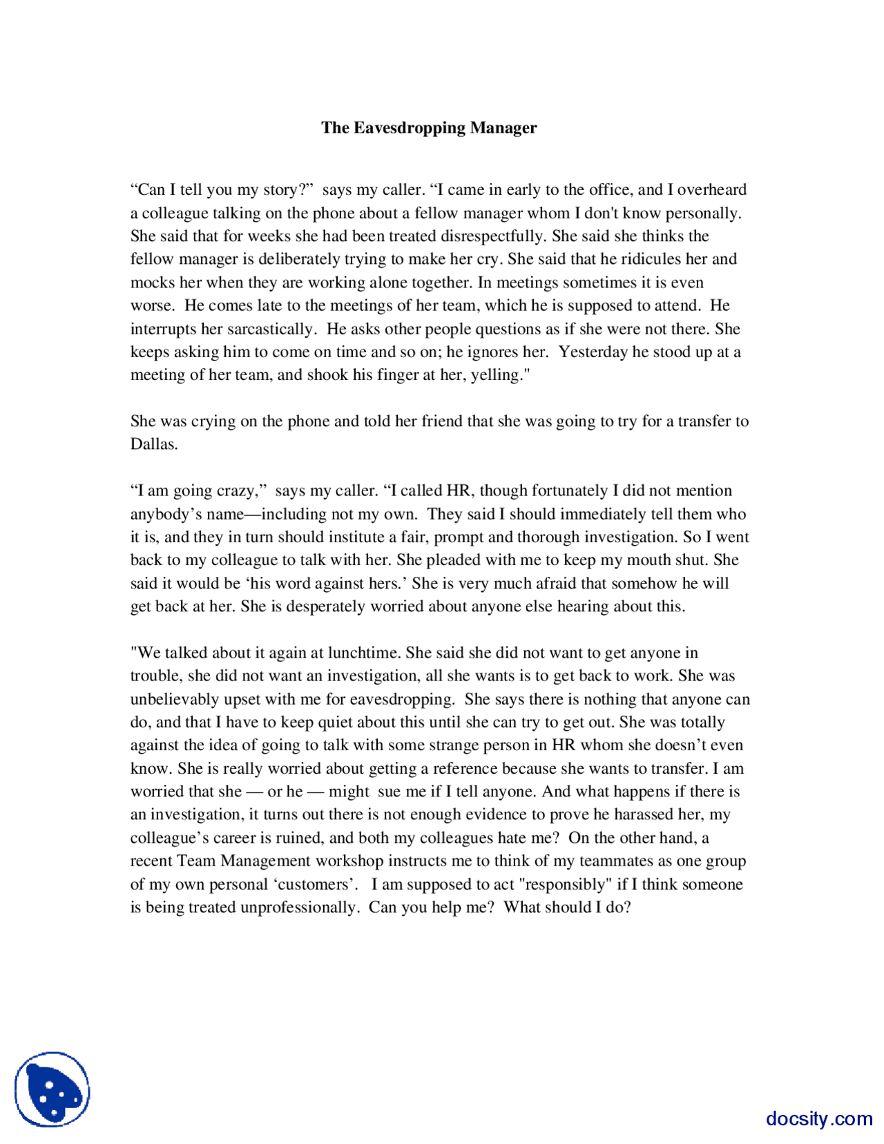 The Eavesdropping Manager Confilict Management Lecture Notes Docsity