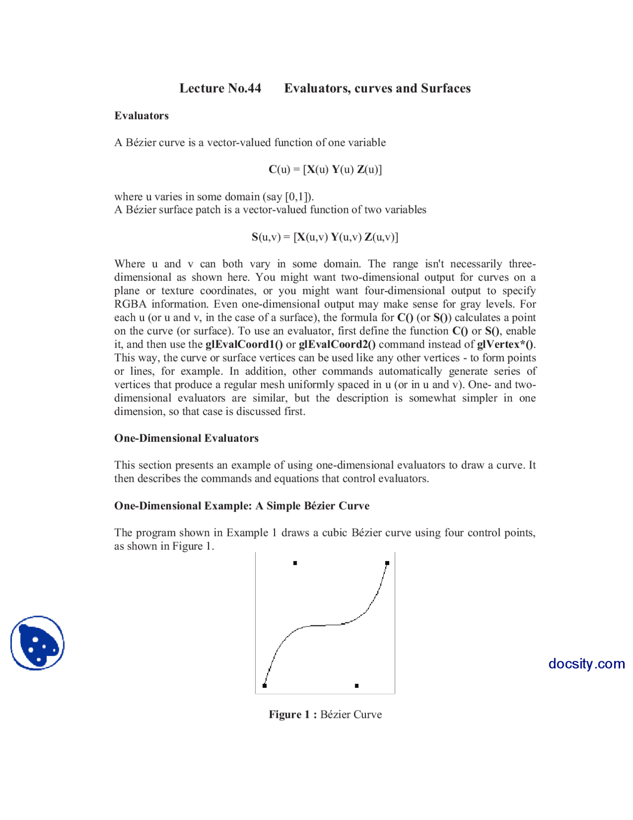 Evaluators Curves And Surfaces Computer Graphics Lecture Notes Docsity