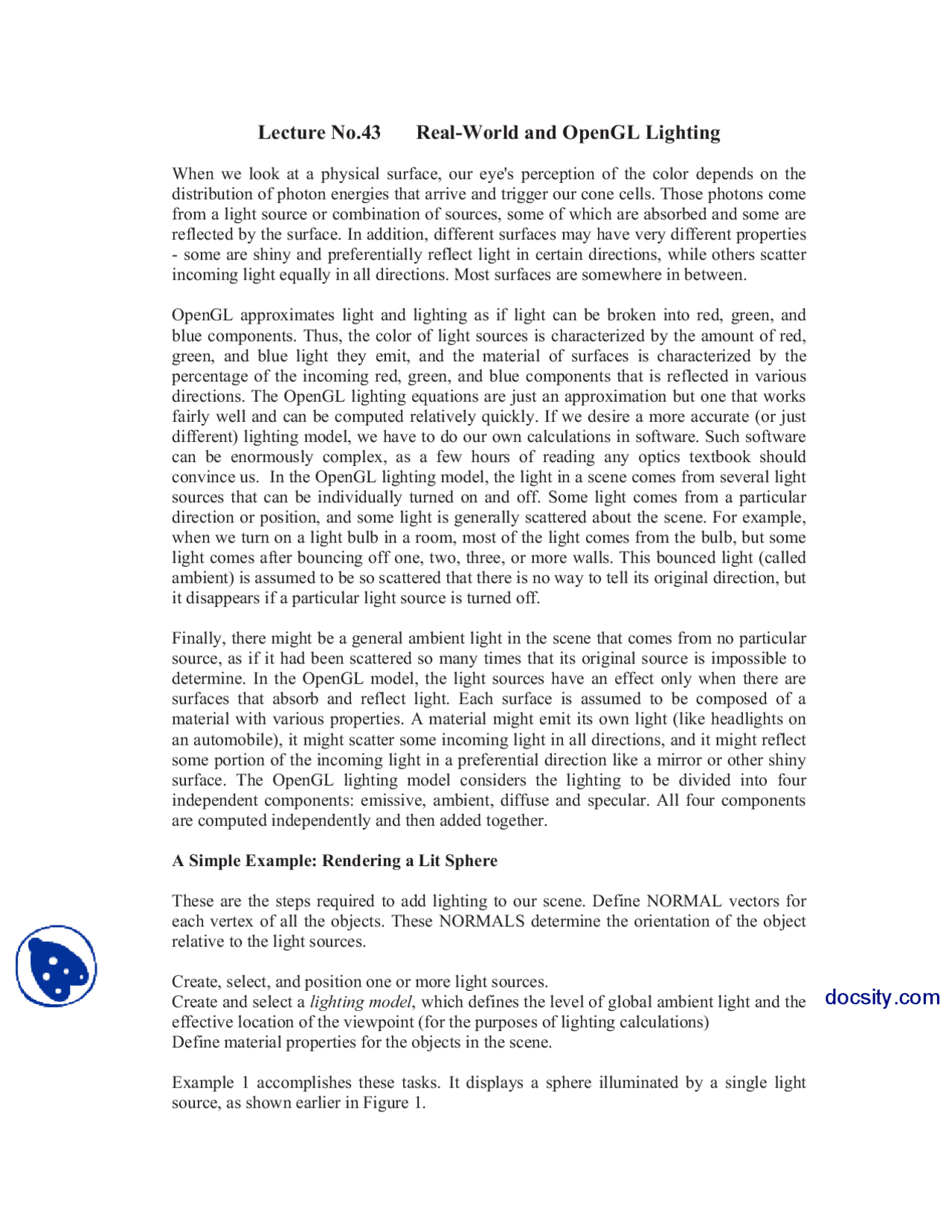 Realworld And Opengl Lighting Computer Graphics Lecture Notes Docsity