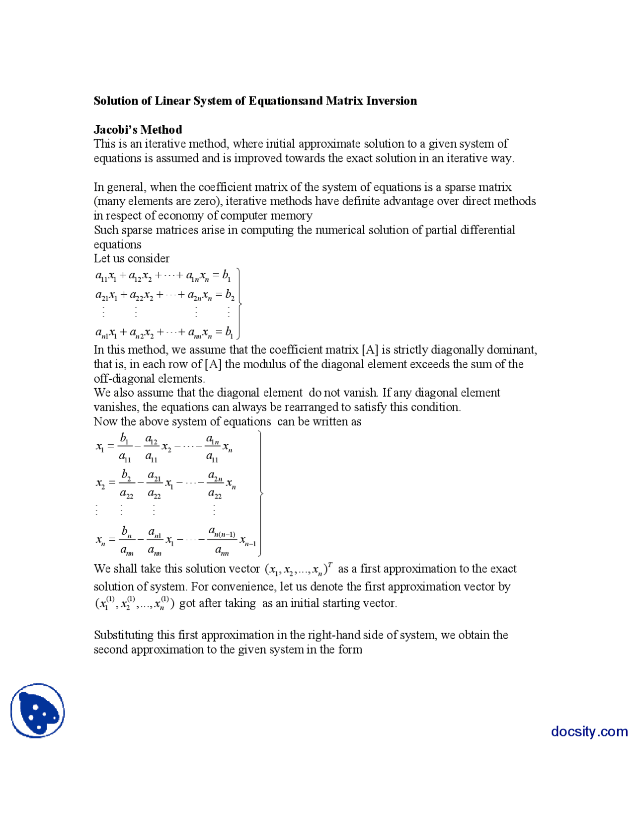 Solution Of Linear System Of Equationsand Matrix Inversion Numerical Analysis Lecture Handouts