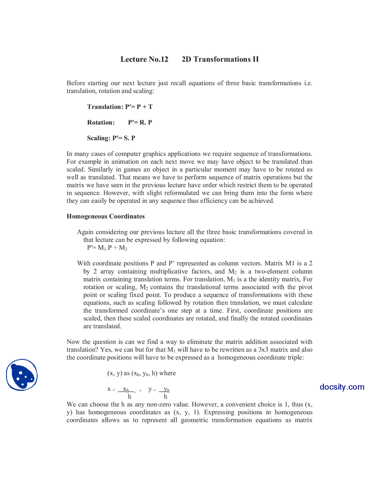 2d Transformations 2 Computer Graphics Lecture Notes Docsity
