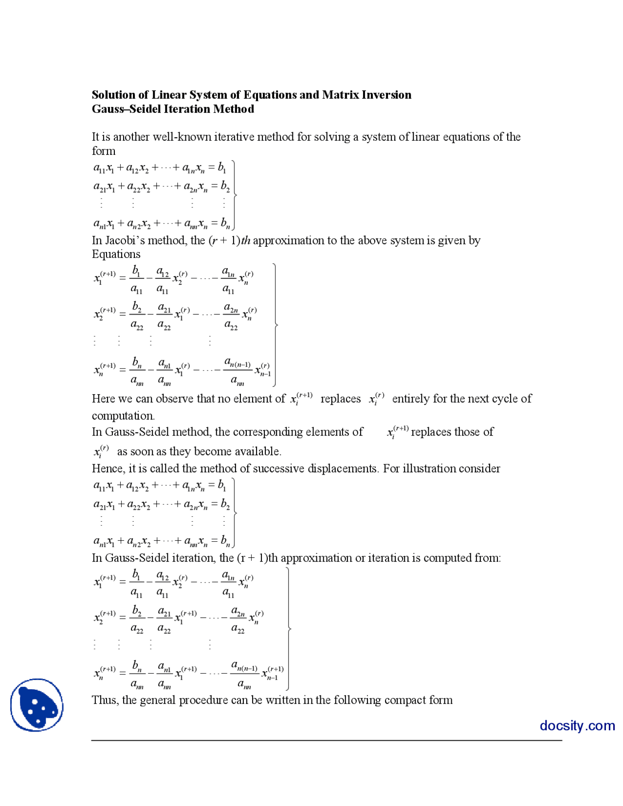 Solution Of Linear System Of Equations And Matrix Inversion Gause Seidel Method Numerical