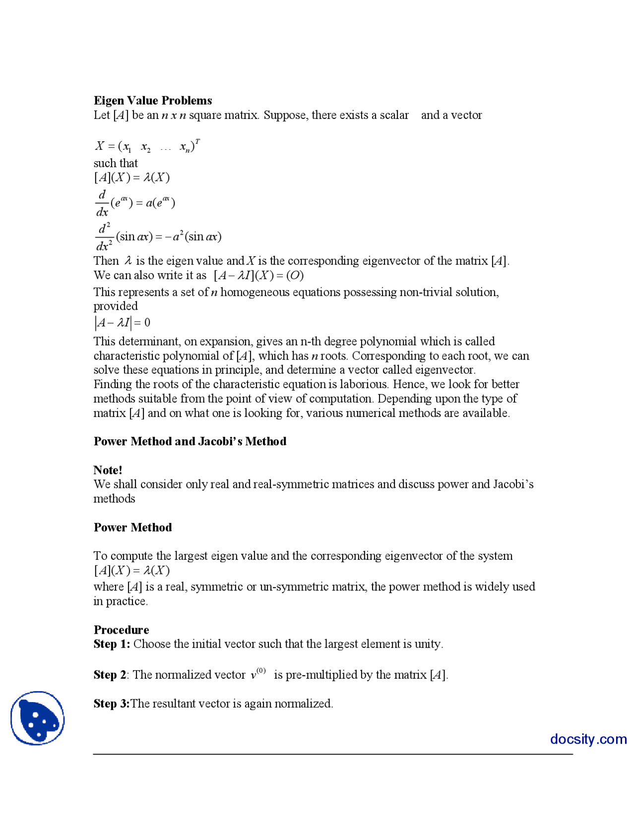 Eigen Value Problems Power Method And Jacobis Method Numerical