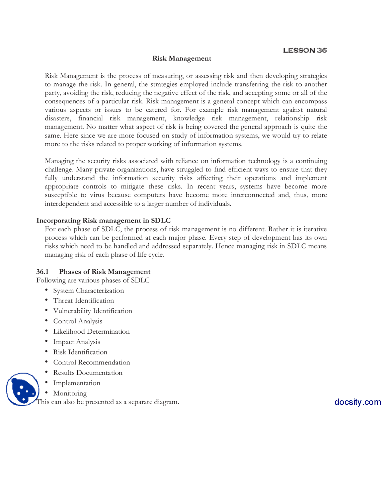 Risk Management Information Security And Systems Lecture Notes Docsity