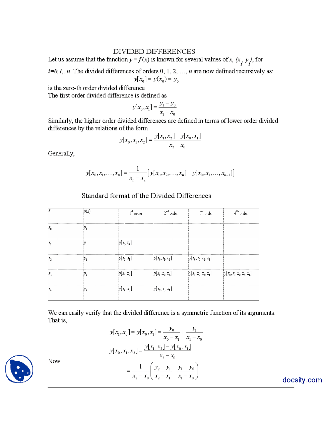 Divided Differences-Numerical Analysis-Lecture Handouts | Lecture notes ...