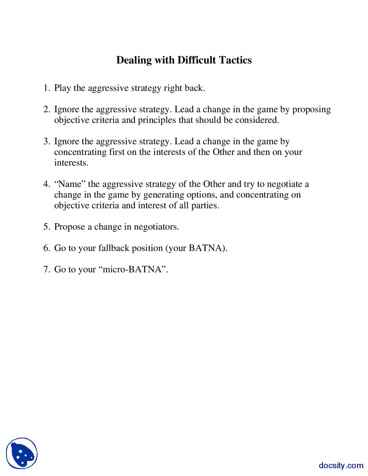 Dealing With Difficult Tactics Confilict Management Handouts Docsity
