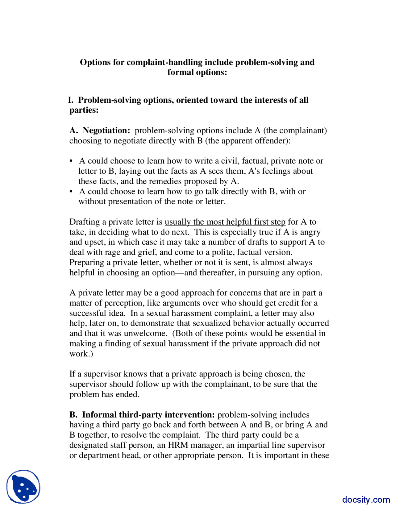 Complaint Handling Confilict Management Handouts Docsity