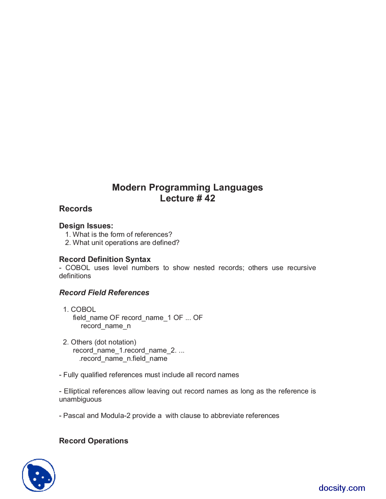 Modern Programing Languages Lec 42 Modern Programing Language Lecture Handout Exercises