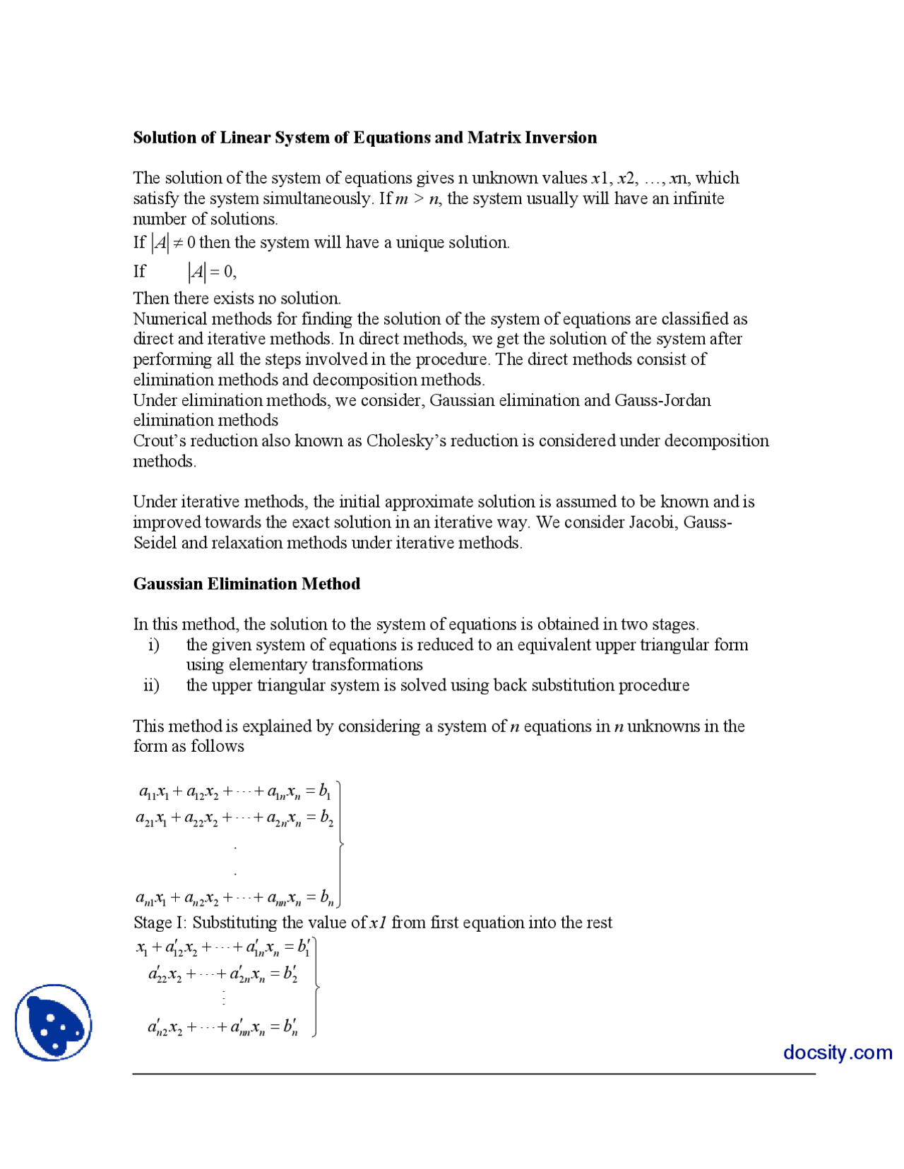 Solution Of Linear System Of Equations And Matrix Inversion Gaussian
