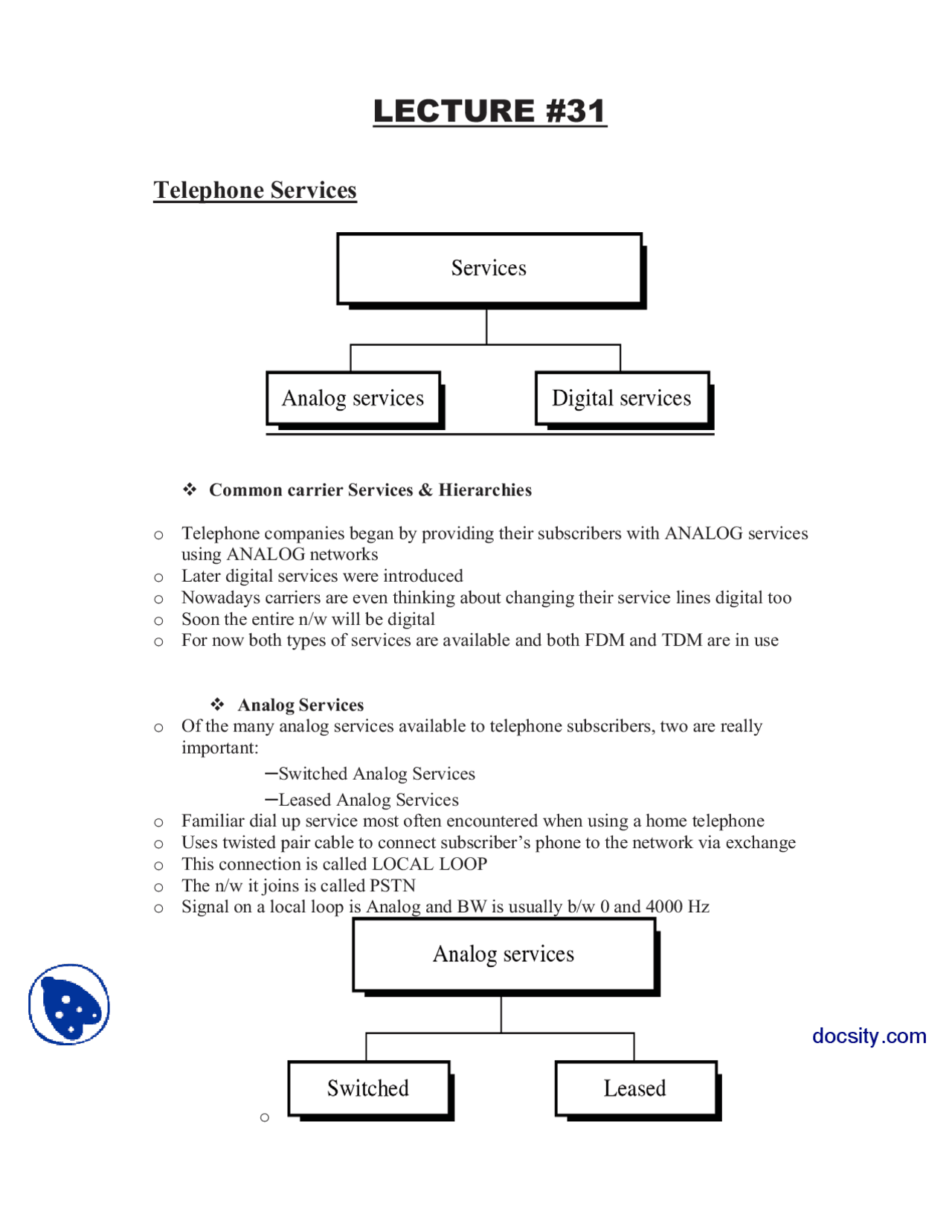 Telephone Services Data Communication Lecture Notes Docsity
