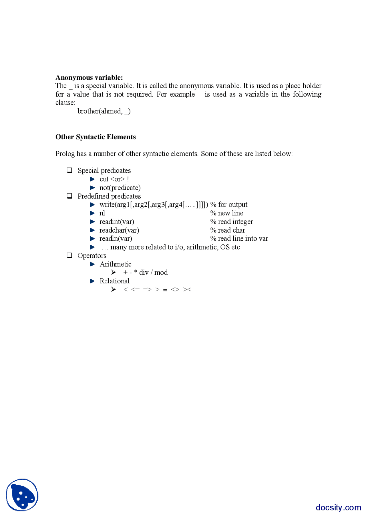 Other Syntactic Elements And Their Examples Modern Programing Language Lecture Handout Docsity
