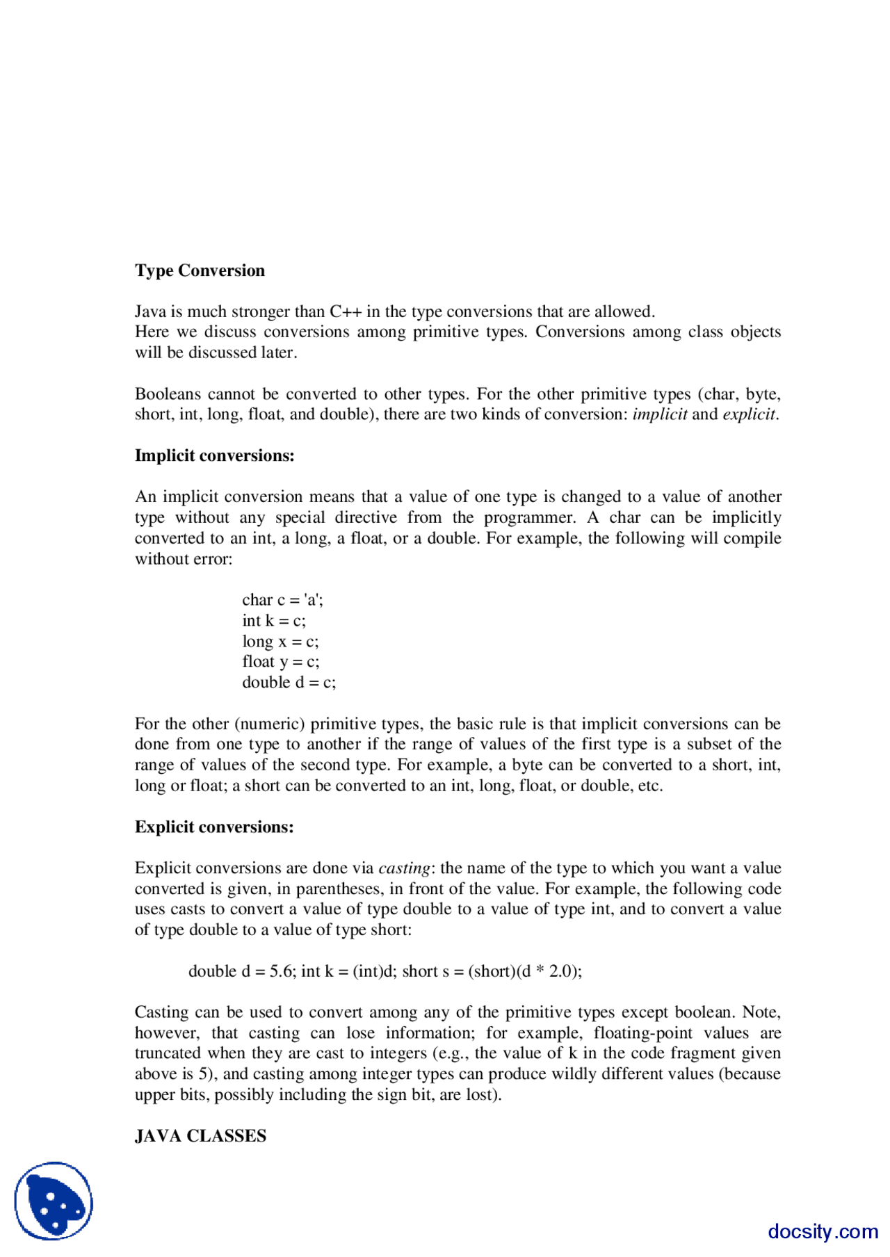 Type Conversion Java Calsses Modern Programing Language Lecture Handout Docsity
