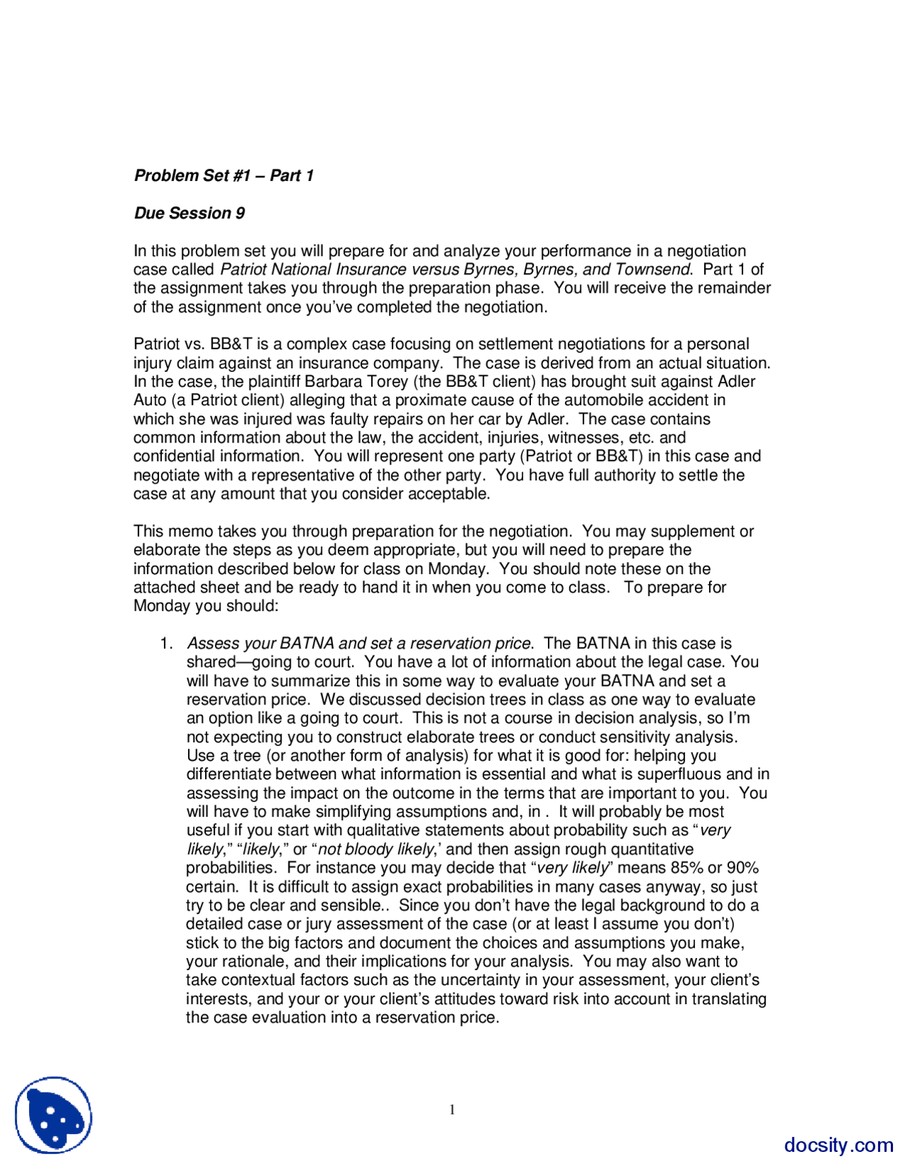 BATNA, Reservation Price, ZOPA-Conflict Management-Assignments - Docsity