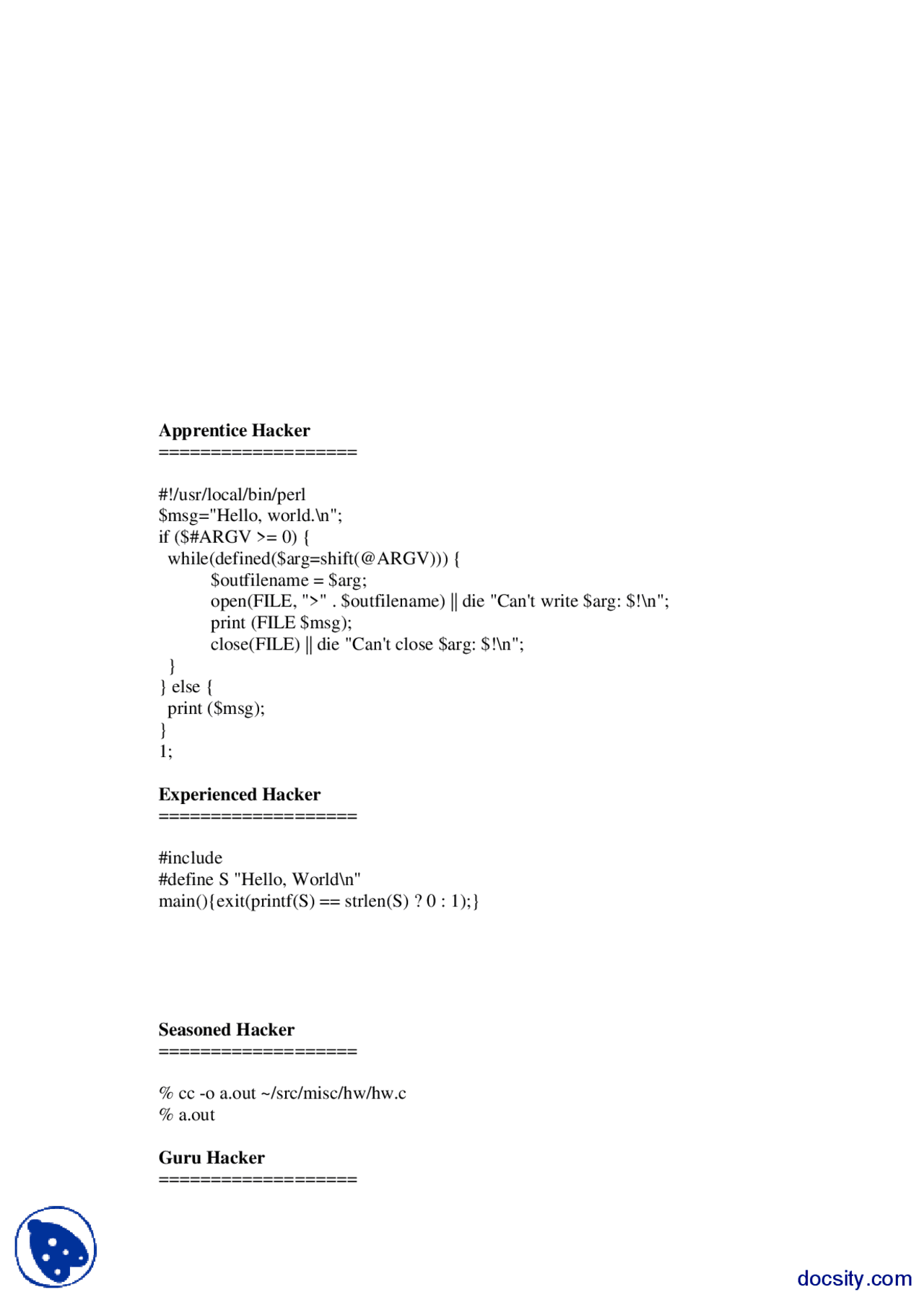 Apprentice Hacker Modern Programing Language Lecture Handout Docsity