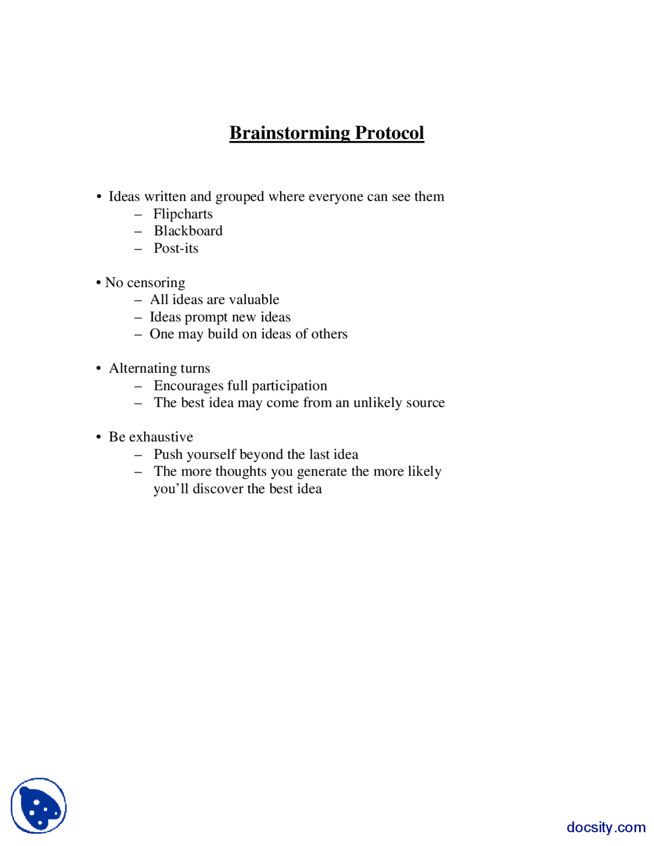 Brainstorming Protocol Confilict Management Lecture Notes Docsity