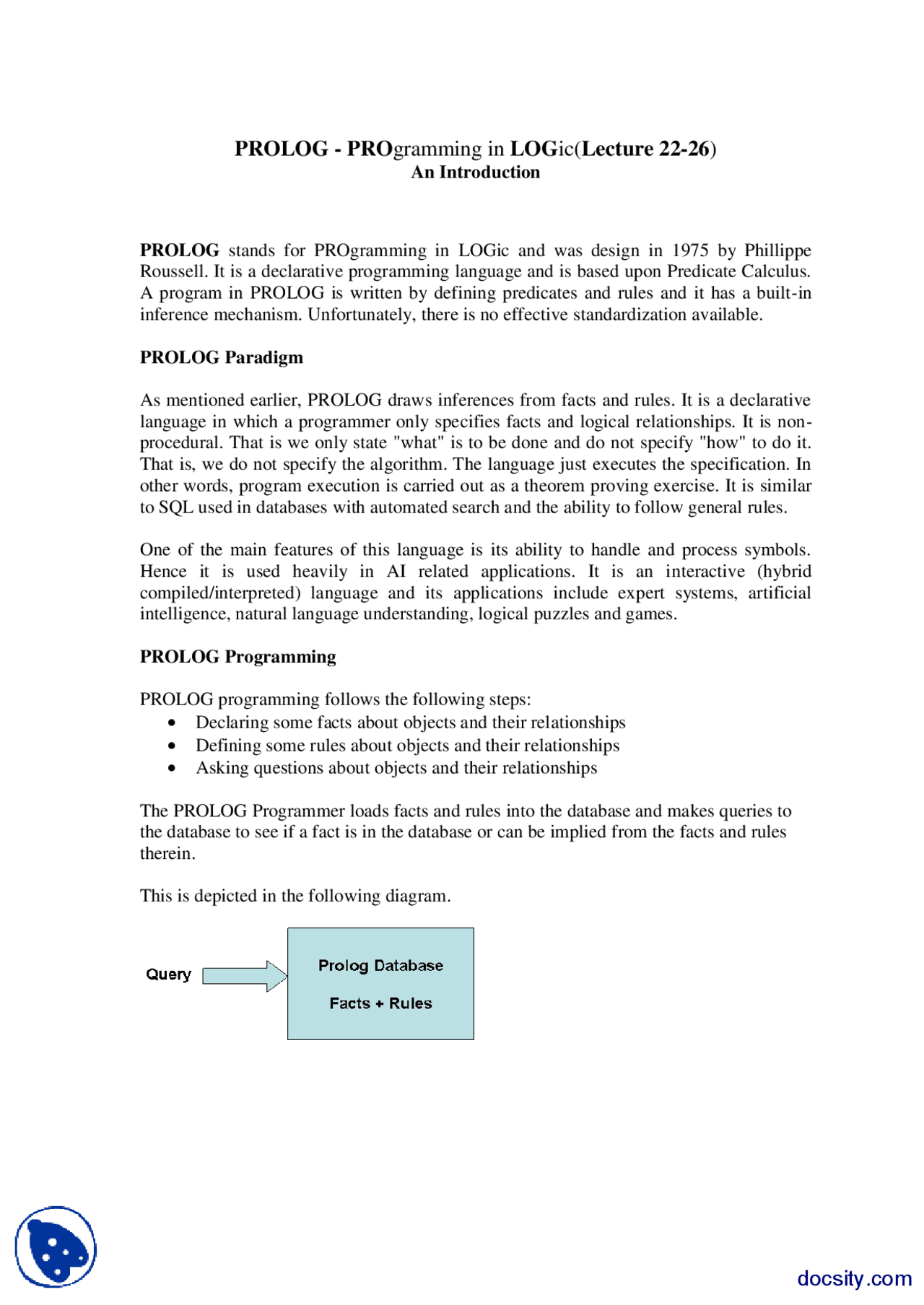Prolog Introduction Modern Programing Language Lecture Handout