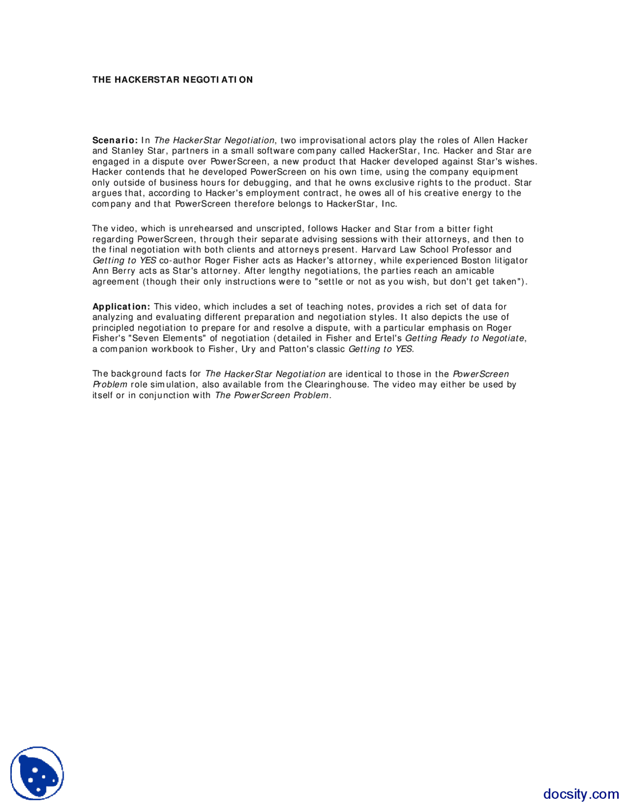 The Hackerstar Negotiation Conflict Management Assignments Docsity