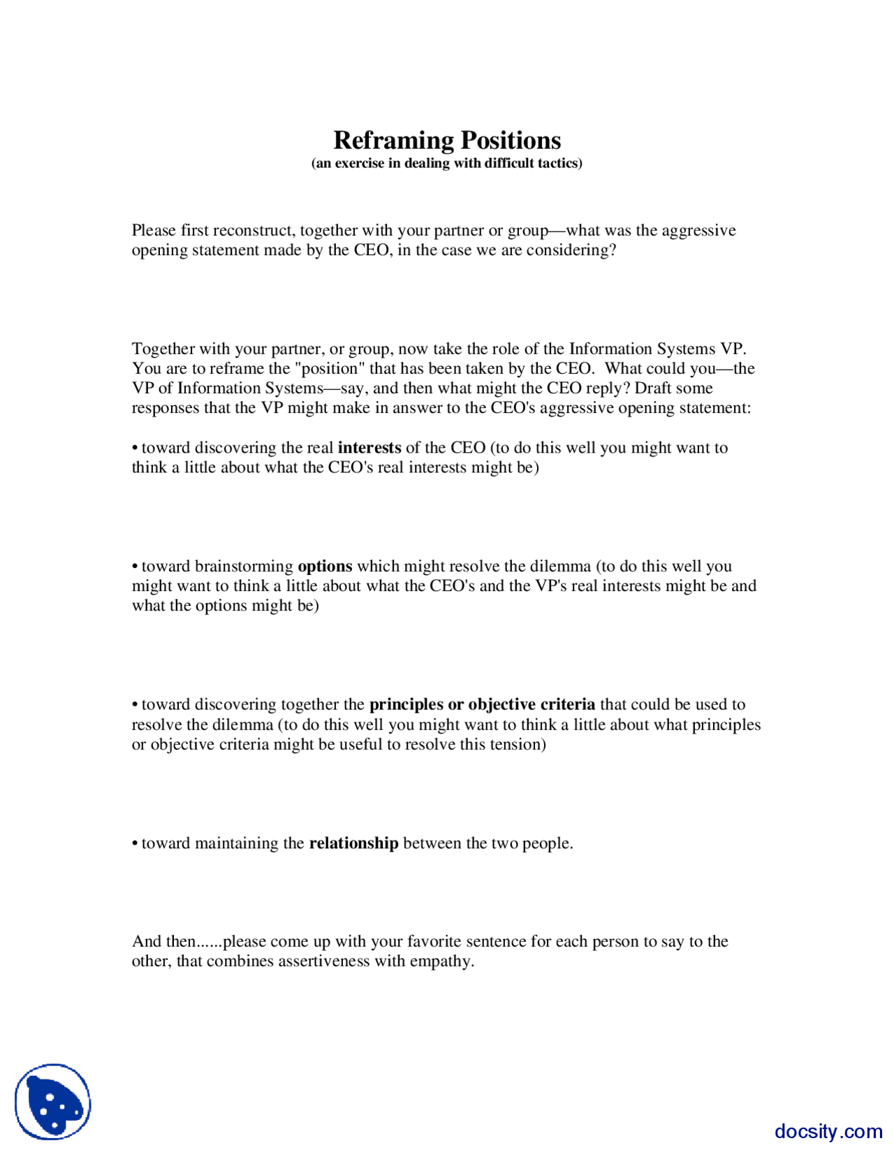 Reframing Positions Confilict Management Lecture Notes Docsity