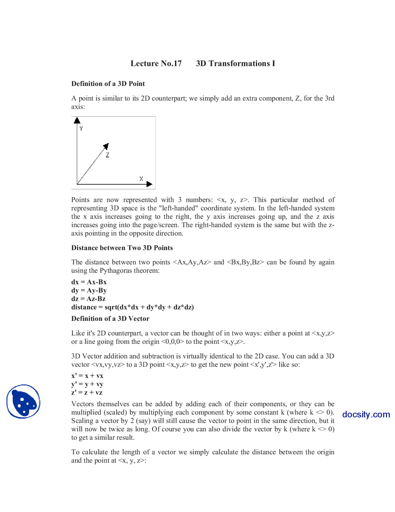 3d Transformations 1 Computer Graphics Lecture Notes Docsity