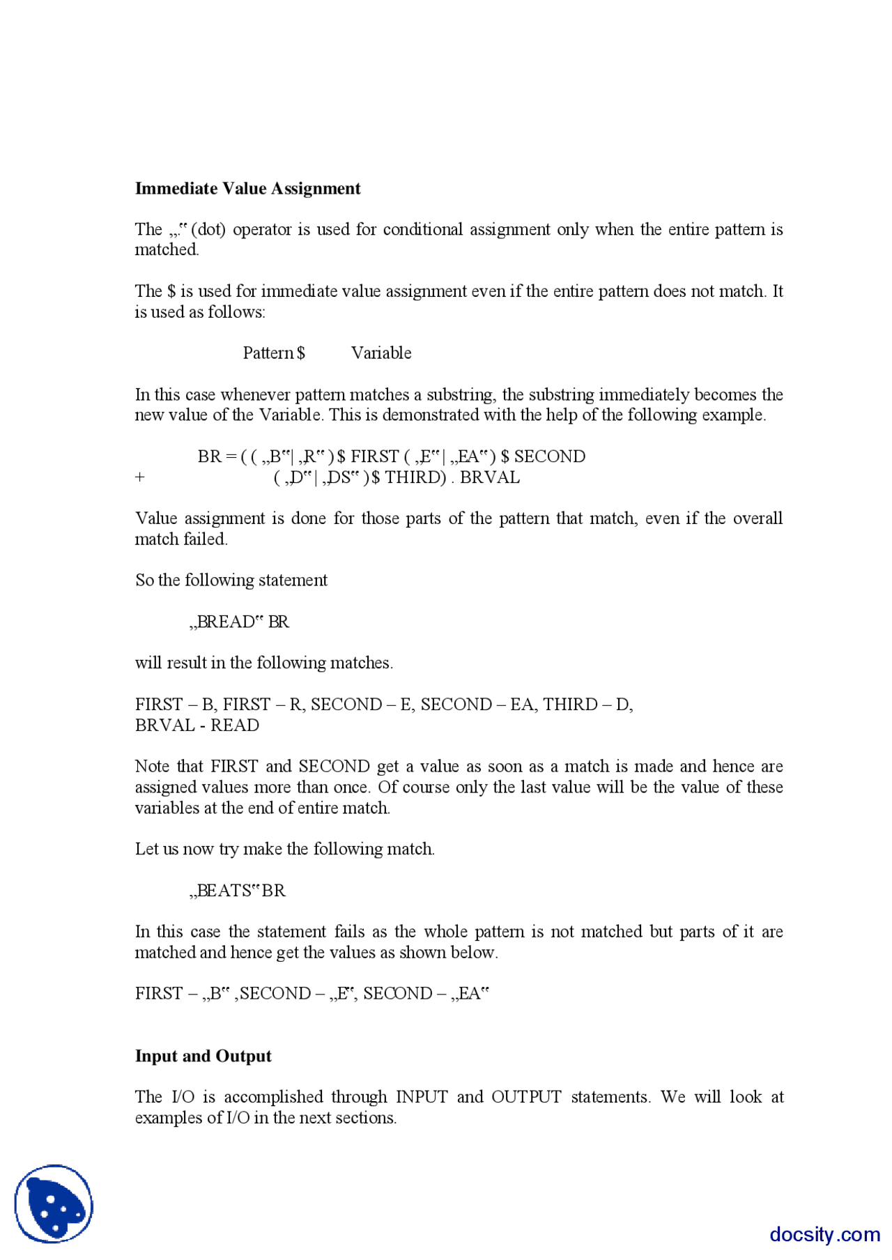 Immediate Value Assignmentinput And Outputsnobol Features Modern Programing Language Lecture