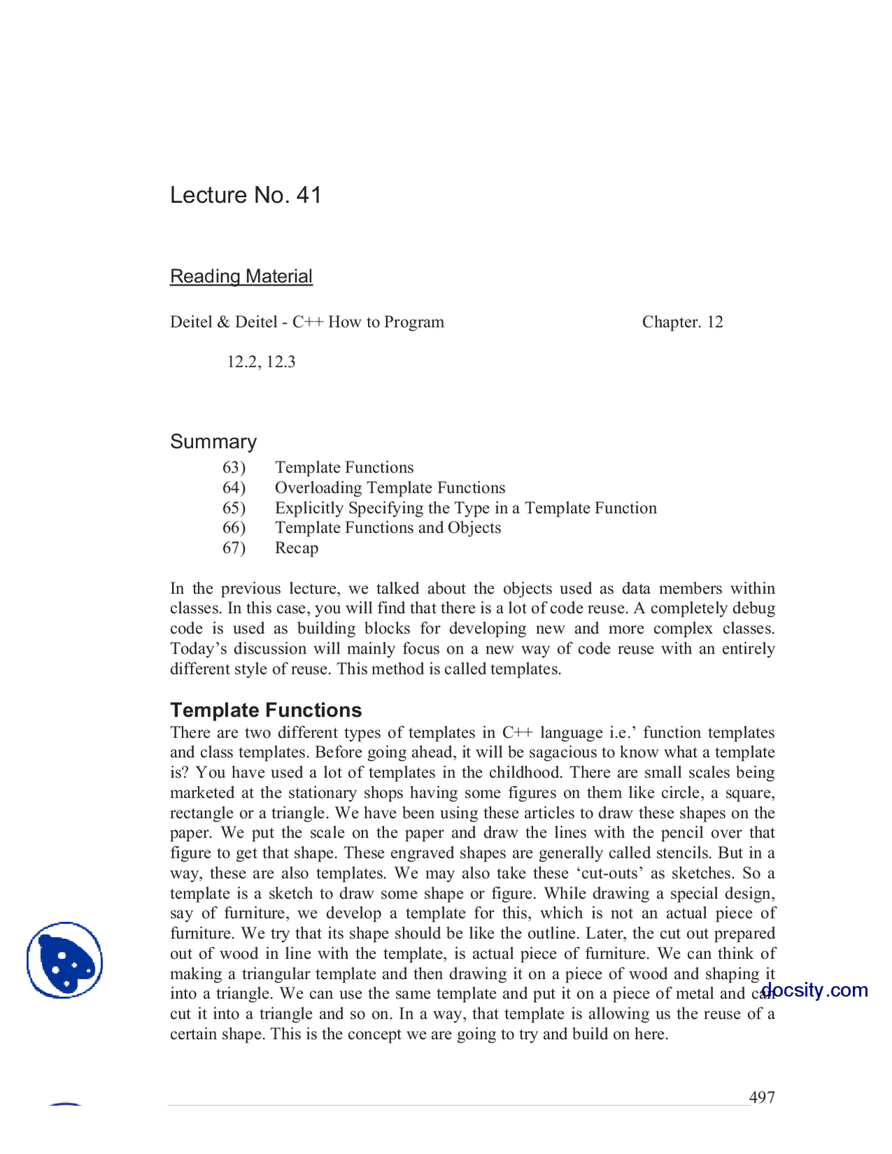 Template Functions-Introduction To Programming-Lecture Notes - Docsity