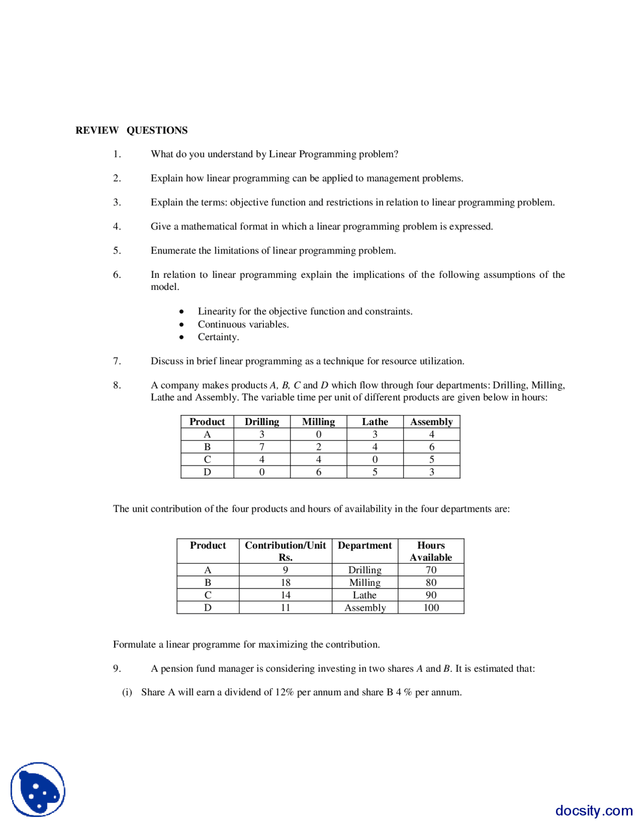 Review Questions Operation Research Handouts Docsity