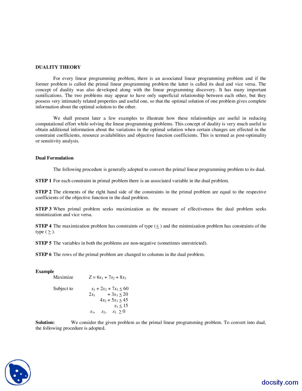 Duality Theory Operation Research Handouts Lecture Notes Operational