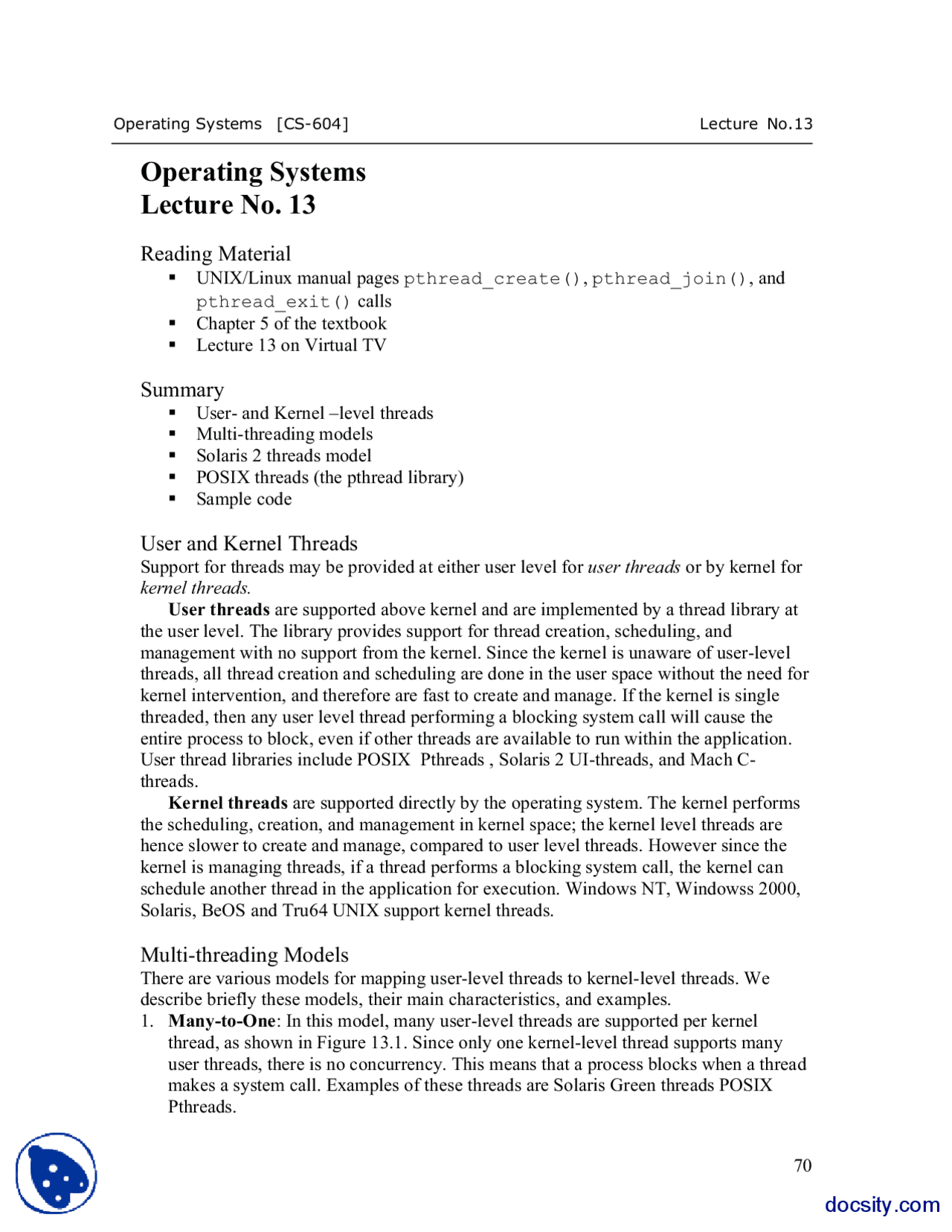 User And Kernel Level Threads-Operating Systems-Lecture Notes | Study ...