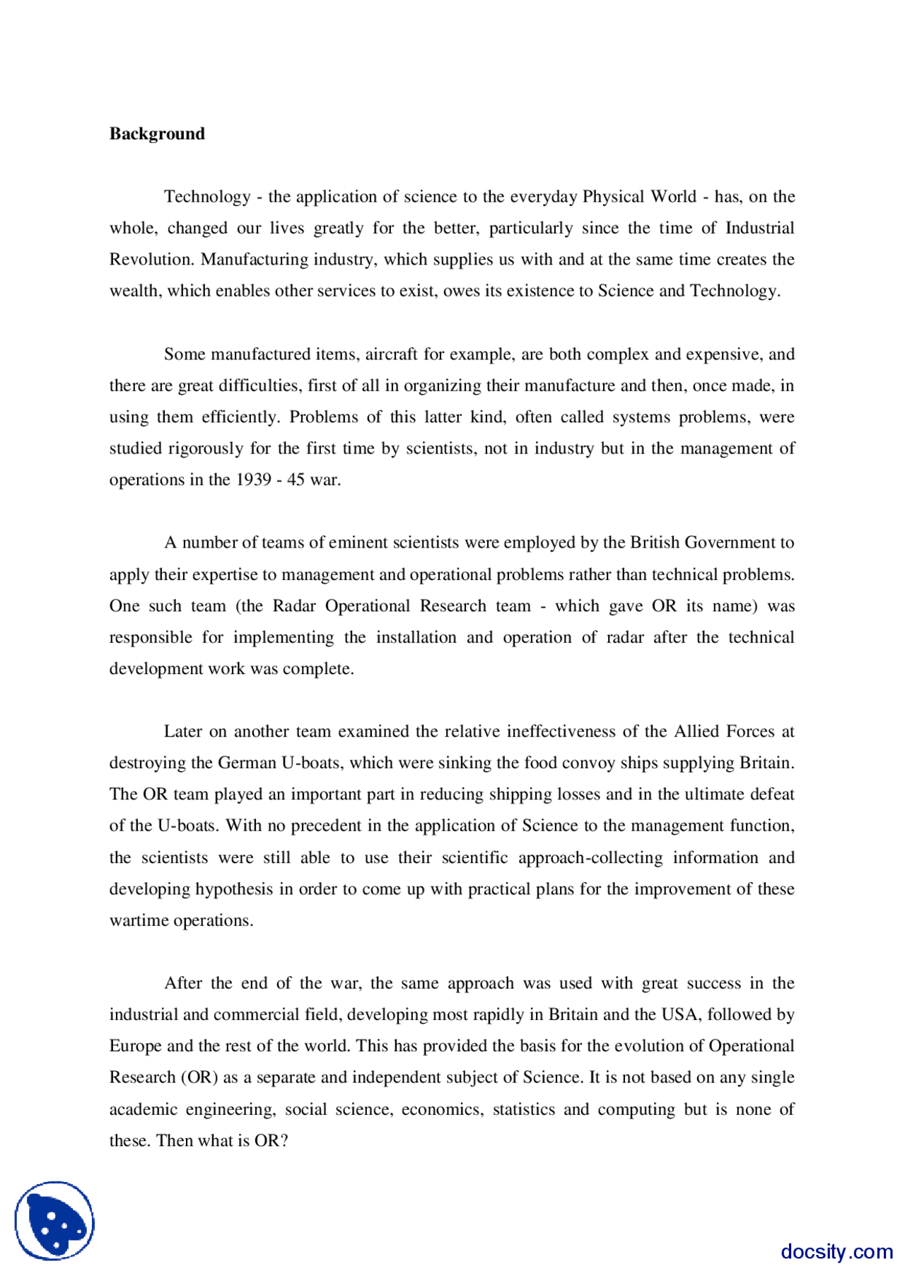Background Operation Research Handouts Docsity