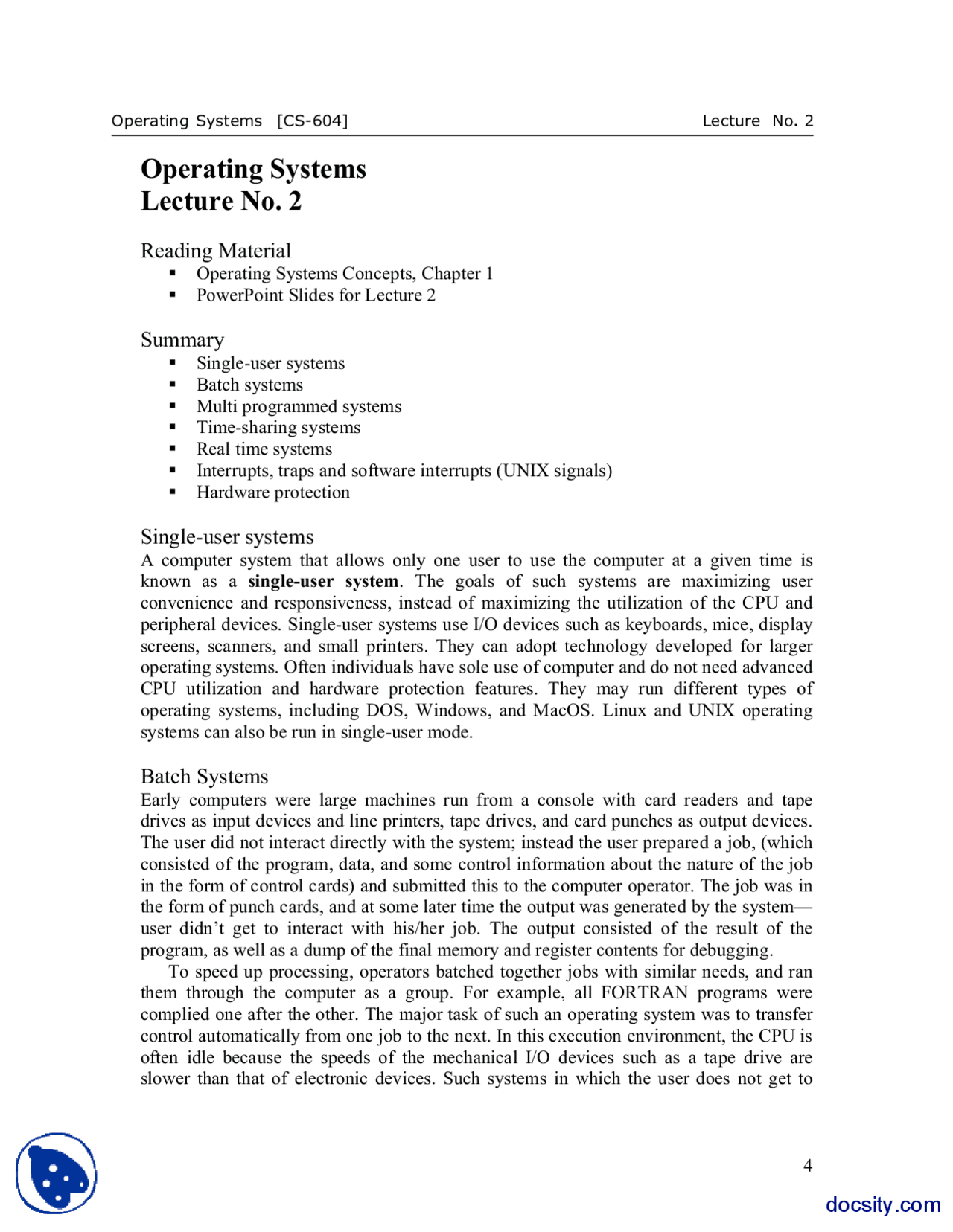 Single User And Batch Systems Operating Systems Lecture Notes Docsity