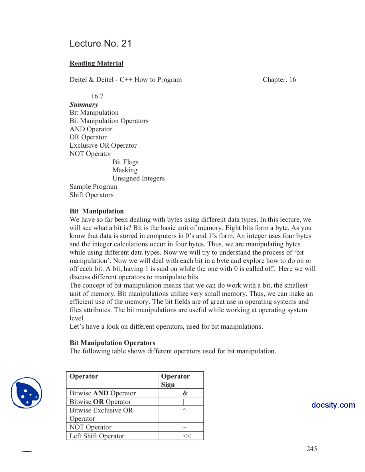 Bit Manipulation-Introduction To Programming-Lecture Notes - Docsity