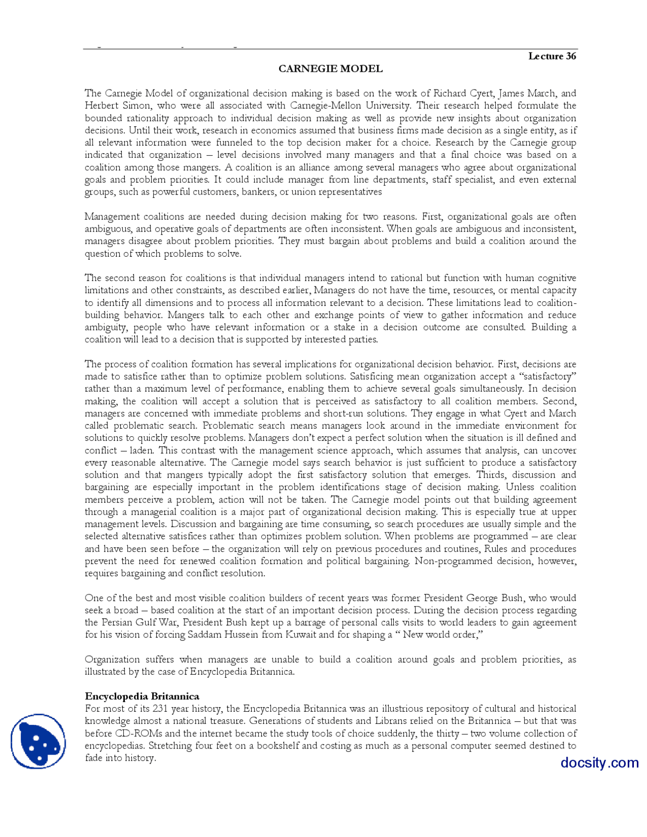 Carnegie Model Organization Theory And Design Handouts Docsity