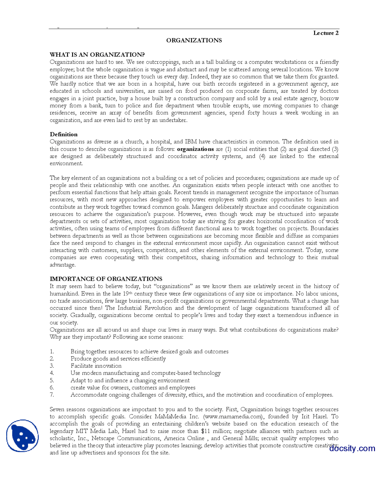 Definition Organization Theory And Design Handouts Docsity