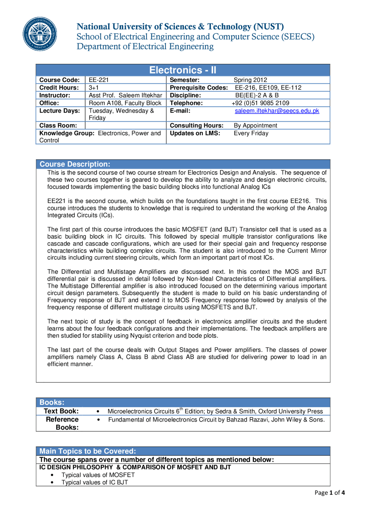 Course Outline-Electronics II-Handout - Docsity
