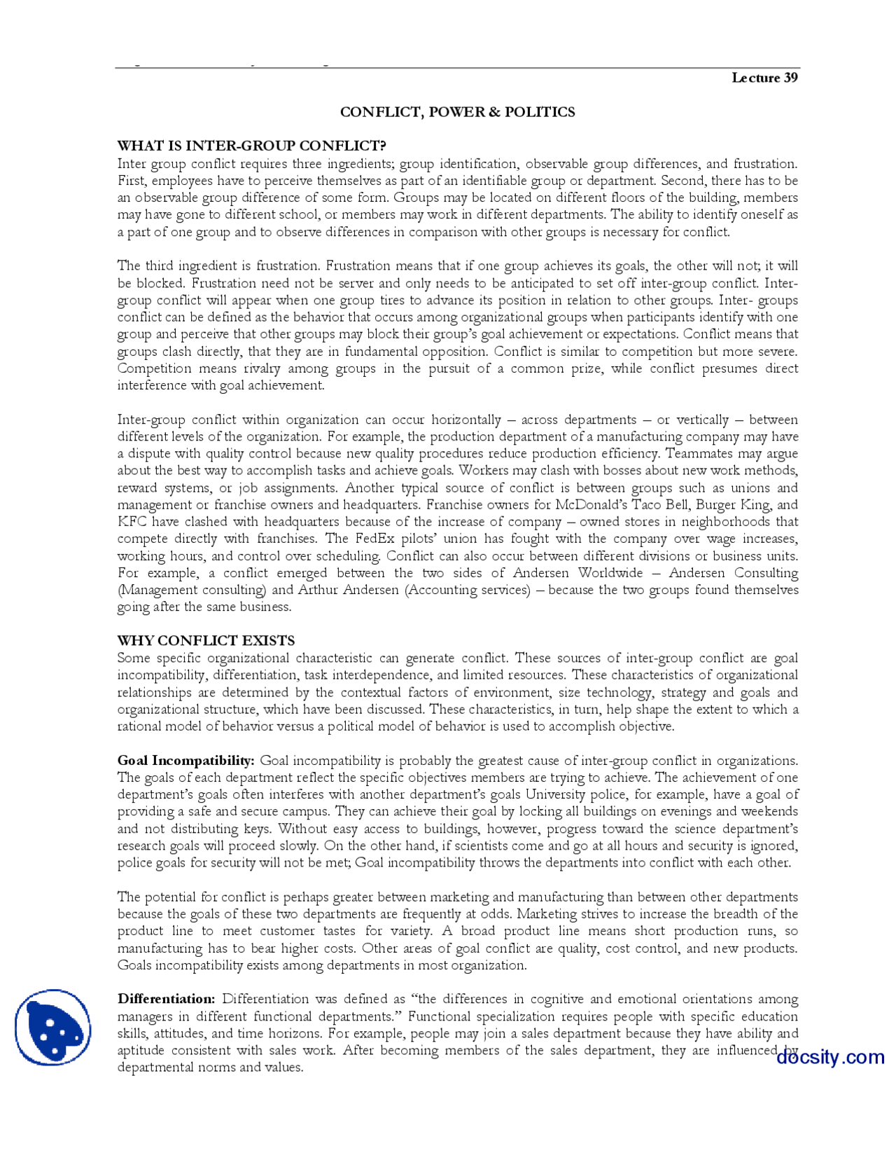 Conflict Power And Politics-Organization Theory and Design-Handouts ...