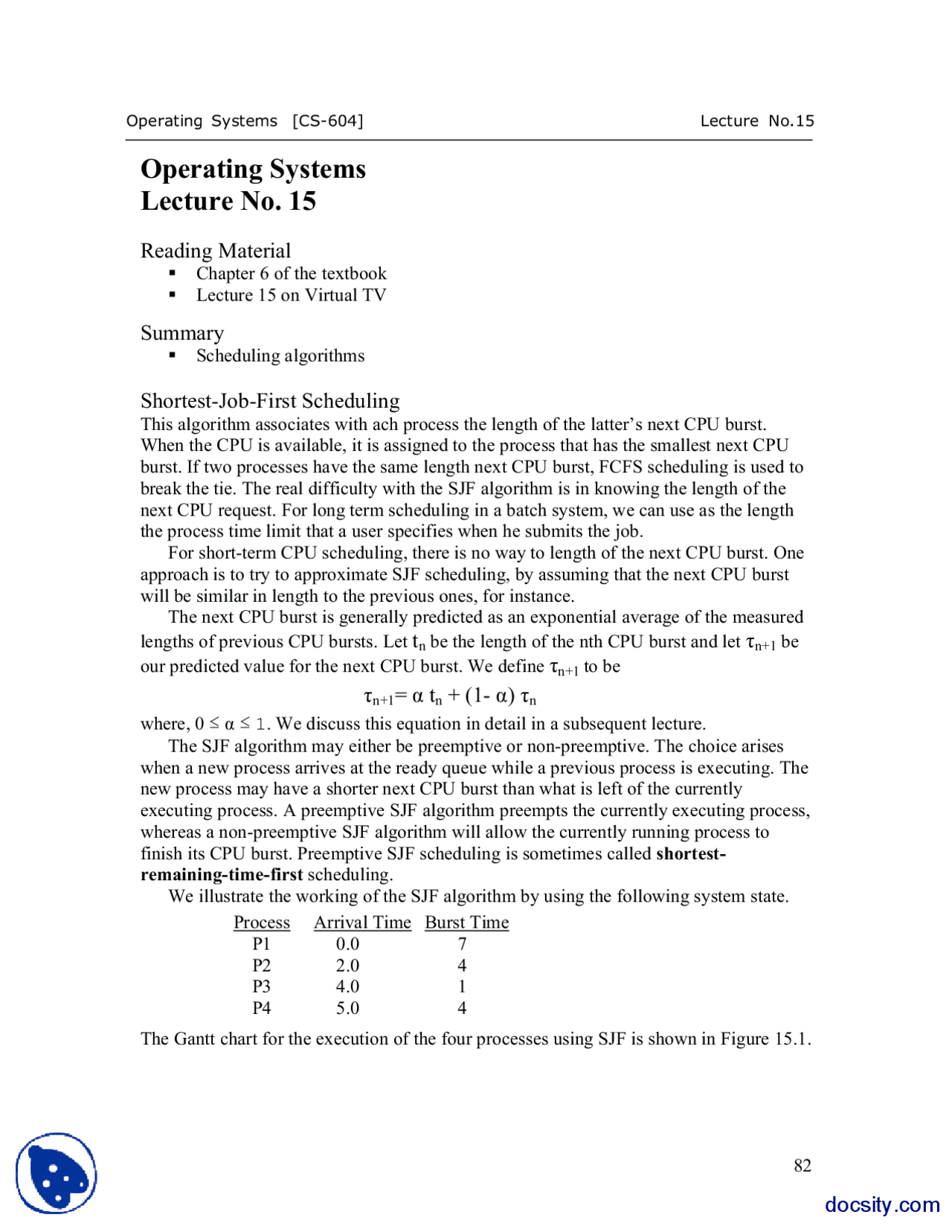 Shortest Job First Scheduling Operating Systems Lecture Notes Docsity