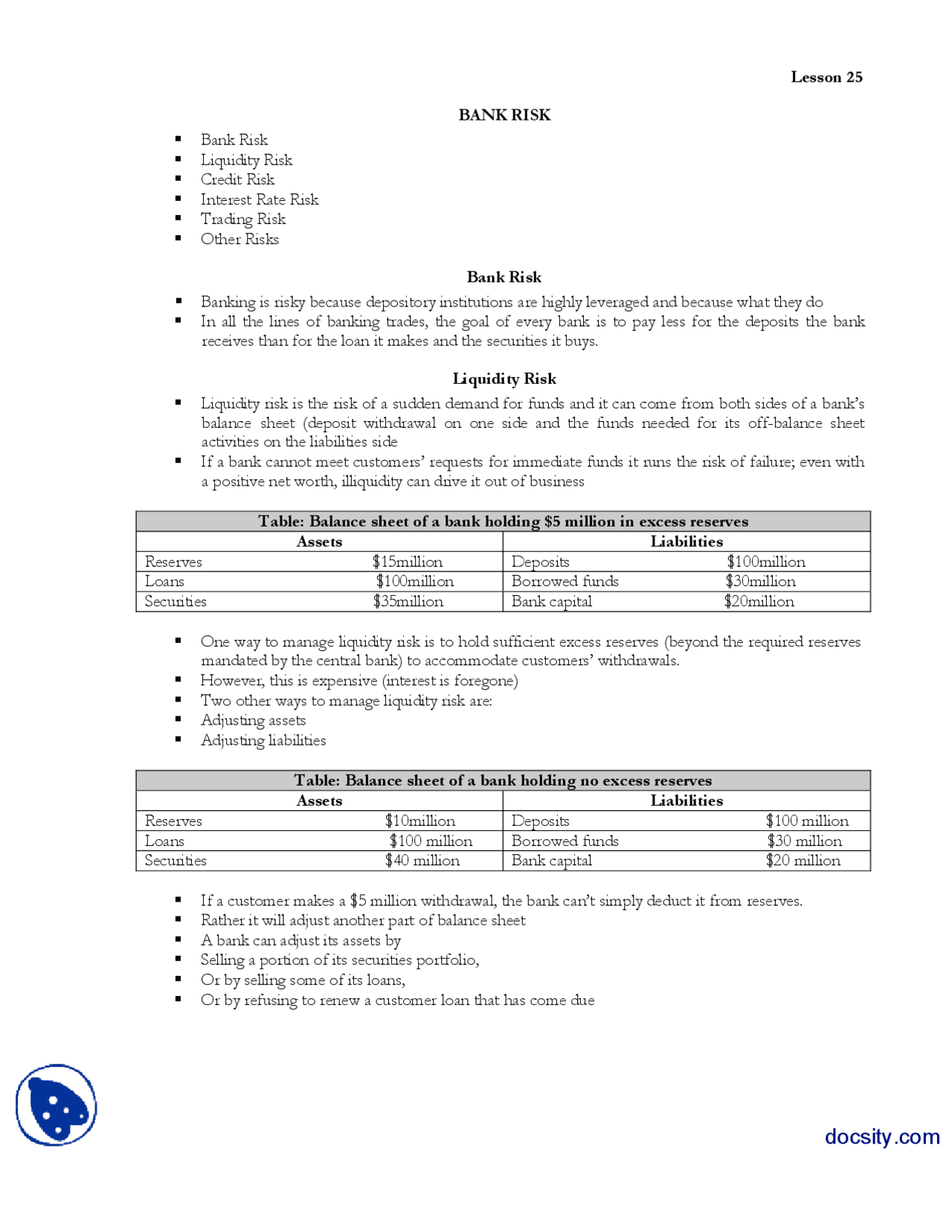 Bank Risk Money And Banking Handouts Docsity