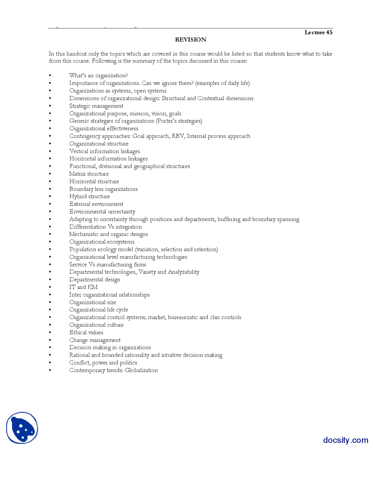 Revision Organization Theory And Design Handouts Docsity