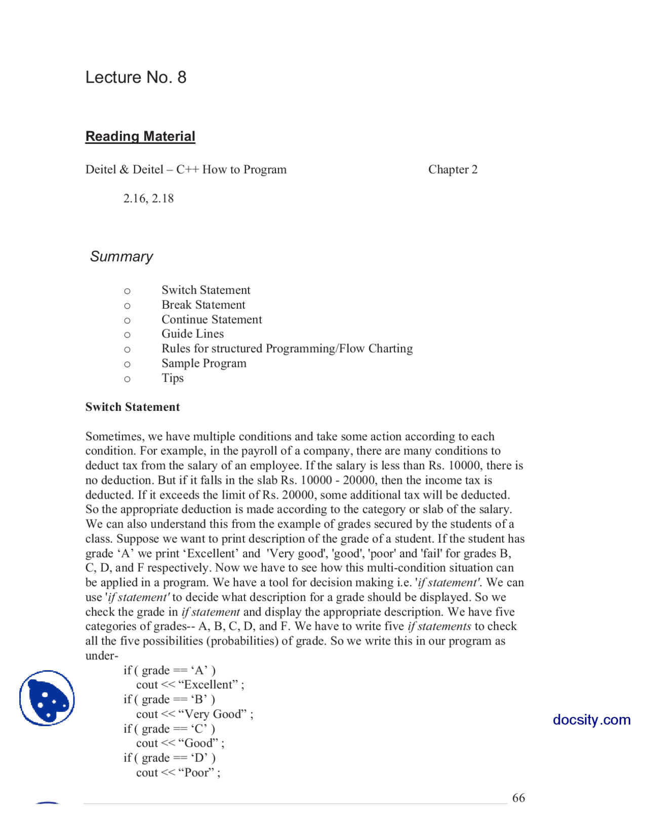 Switch Statement-Introduction To Programming-Lecture Notes | Study ...