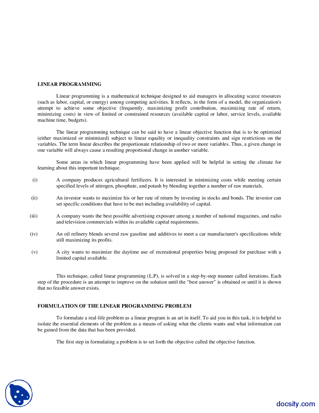 Linear Programming Operation Research Handouts Docsity